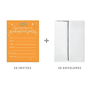 Andaz Press Orange and Gold Glittering Graduation Party Collection, Blank Invitations with Envelopes, 20-Pack