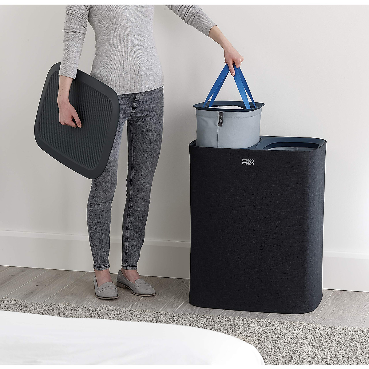 Joseph Joseph Tota 90-litre Laundry Hamper Separation Basket with Lid - Black & Folding Space-Saving, Compact Table-top Ironing Board