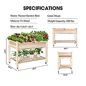 VIVOSUN Raised Garden Bed, 46 x 24 x 32 Inches Mobile Elevated Planter Box with Lockable Wheels, Storage Shelf, and Protective Liner for Outdoor Use
