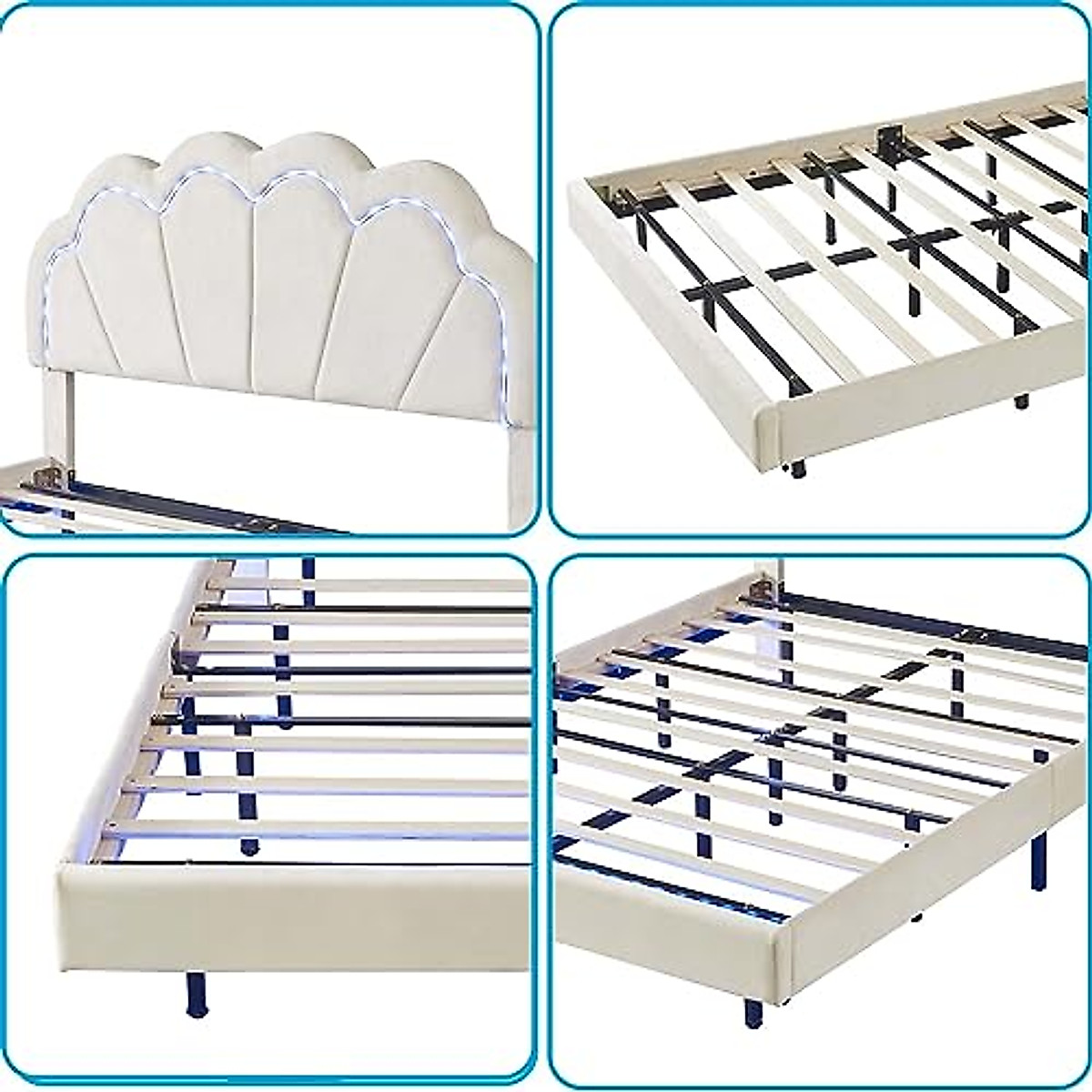 Novaris Full Size Velvet Upholstered Platform Bed Frame with Elegant Flowers Headboard, Modern Floating Platform Bed with Smart LED/Wooden Slats Support/Easy Assemble for Bedroom Girls, Beige