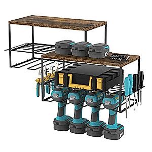 LIANTRAL Power Tool Organizer Wall Mount, Set of 2 Power Tool Rack Floating Tool Shelf for Electric Cordless Drill Heavy Duty Tool Holder with Wood Storage Board