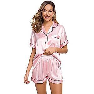 SWOMOG Womens Silk Satin Pajamas Set Two-Piece Pj Sets Sleepwear Loungewear Button-Down Pj Sets