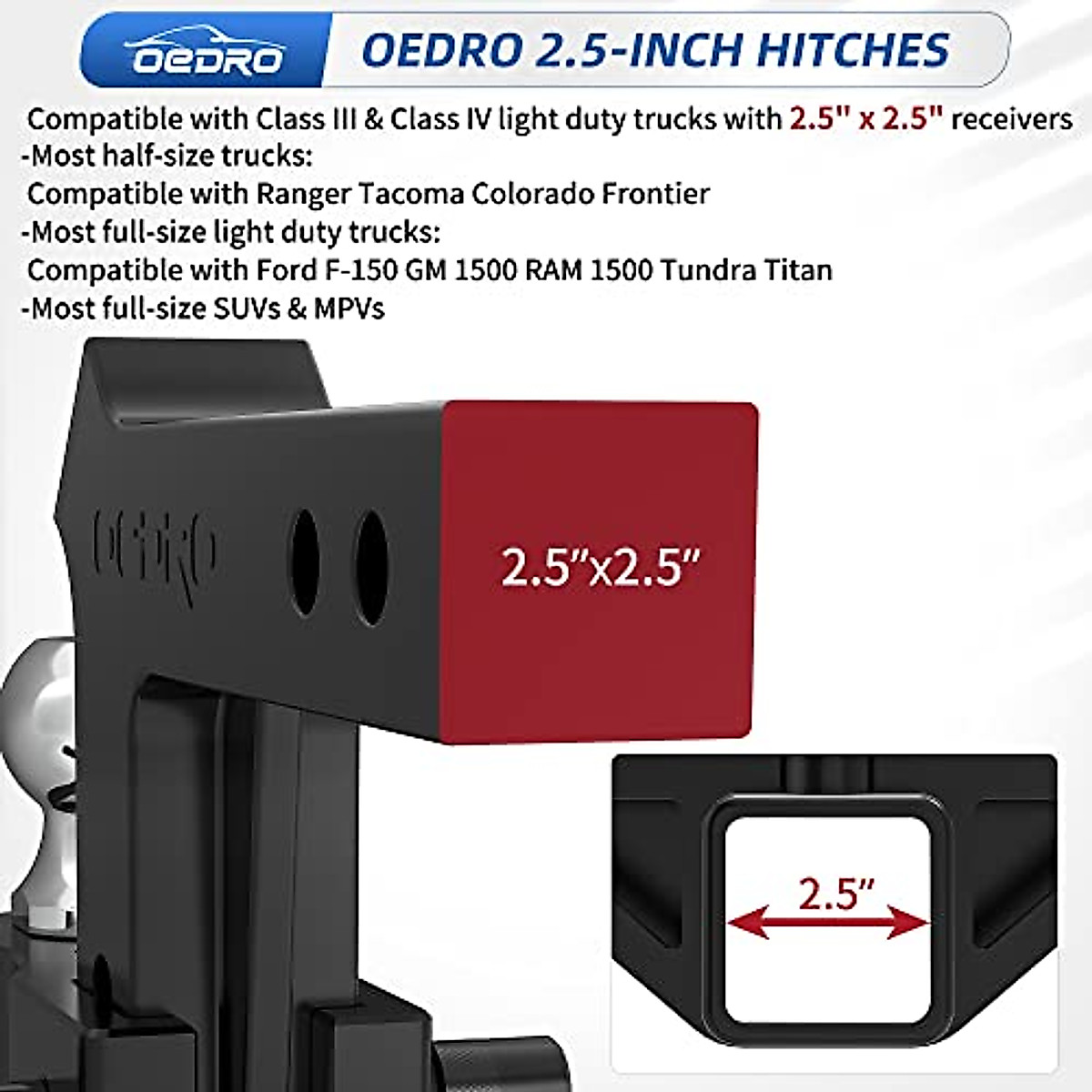 OEDRO Adjustable Trailer Hitch, 6 Inch Drop Hitch Ball Mount Fits 2.5 Inch Receiver, Forged Aluminum Towing Hitch, 2" & 2-5/16" Tow Balls with Double Pin Key Locks, 14,500lbs.