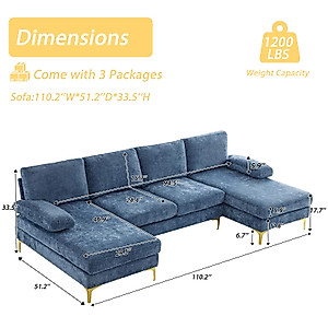 Karl home Convertible Sectional Sofa 110" U-Shape Sofa Couch 4-Seat Couch with Chaise ChenilleFabric Upholstered for Living Room, Apartment, Office, Grey-Blue