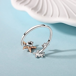MOONMORY 925 Sterling Silver Spinner Fidget Ring Anxiety Ring for Women Teen Girls Adjustable Statement Jewelry Gift-Cute Turtle Starfish Open Rings (YYR220, 8-10#)