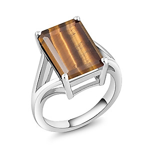 Gem Stone King 6.50 Cttw Brown Tiger Eye Ring For Women In 925 Sterling Silver | Emerald Cut 14X10MM | Available In Size 5, 6, 7, 8, 9