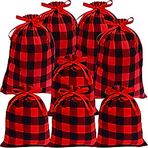 Halatool 8 Pack Red Buffalo Plaid Christmas Bags with Ribbon Durable Drawstring Bag Storage Sack for Xmas Tree Accessories Candy Presents Wrapping Supplies