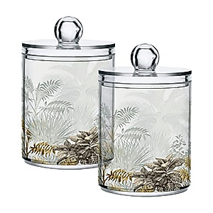Kigai 2PCS Tropical Leaves Qtip Holder Dispenser with Lids - 14 oz Bathroom Storage Organizer Set, Clear Apothecary Jars Food Storage Containers, for Tea, Coffee, Cotton Ball, Floss