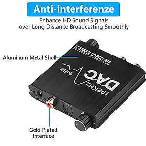 192KHz Digital to Analog Audio Converter with Bass and Volume Adjustment,Digital SPDIF/Optical/Toslink/Coaxial to Analog Stereo L/R RCA and 3.5mm Jack Converter for PS3 PS4 DVD AppleTV Home Cinema