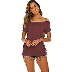 Tops for Women Off Shoulder Casual Summer Oversized Baggy Shirts Wine Red XL