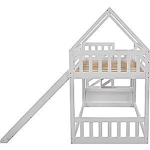Harper & Bright Designs House Bunk Bed with Stairs,Wooden Kids Bunk Bed Twin Over Twin with Slide, Twin Size Floor Bunk Bed for Girls Boys, No Box Spring Needed, White