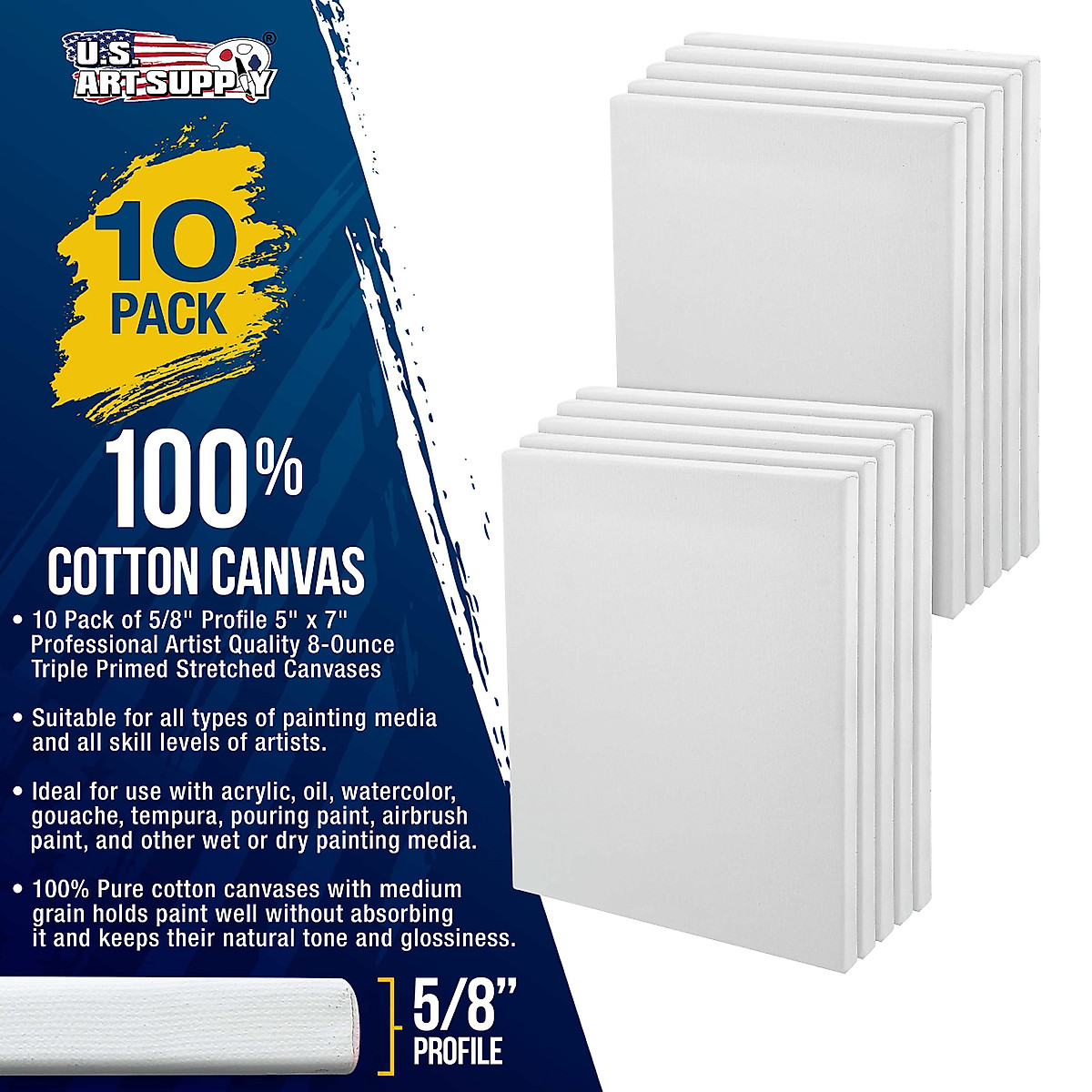 U.S. Art Supply 5 x 7 inch Stretched Canvas Super Value 10-Pack - Triple Primed Professional Artist Quality White Blank 5/8" Profile, 100% Cotton, Heavy-Weight Gesso - Acrylic Pouring, Oil Painting
