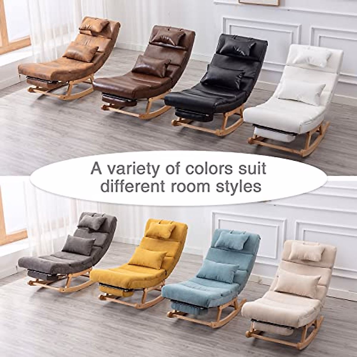 NIOIIKIT Modern Rocking Lounge Chair, Upholstered Glider Chair for Nursery, Accent Rocker Chair with Large Back & Pull Out Pedal, Lie or Sleep Lazy Chair for Living Room, Bedroom, Balcony (White PU)