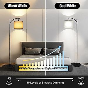 2024 LED Floor Lamps for Living Room, 12W 1200LM Modern Arc Floor Lamp with Remote & Adjustable Linen Lampshade, 12 Color Temperature Stepless Dimmable Tall Standing Lamp for Bedroom Office Reading