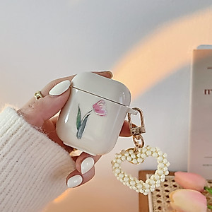 Fycyko Compatible with AirPods Case with Cute Flower Floral Cover with Glitter Heart Keychain, Flexible Shockproof Case Portable Protection Silicone Case for AirPods 1 & 2-Pink