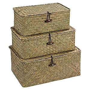 BESPORTBLE Set of 3 Wicker Shelf Baskets with Lid, Woven Seagrass Storage Bins for Shelves for Organizing, Rectangular Baskets for Decoration, Picnic, Groceries and Toy Storage