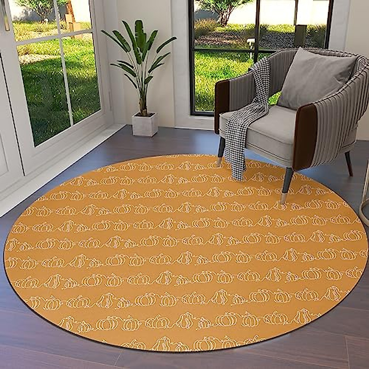 Thanksgiving Pumpkins Round Area Rug 5ft,Washable Outdoor Indoor Carpet Runner Rug for Bedroom,Kitchen,Living Room,Office,Area+Rug Large Bath Door Desk Floor Mat Fall Harvest Autumn Minimalist Art