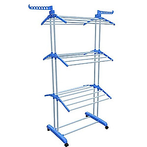 Gdrasuya10 66" Blue Folding Dryer Hanger with Casters, 3-Layer Portable Stand Towel Rack Clothes Drying Rack for Outdoor or Indoor (Blue)