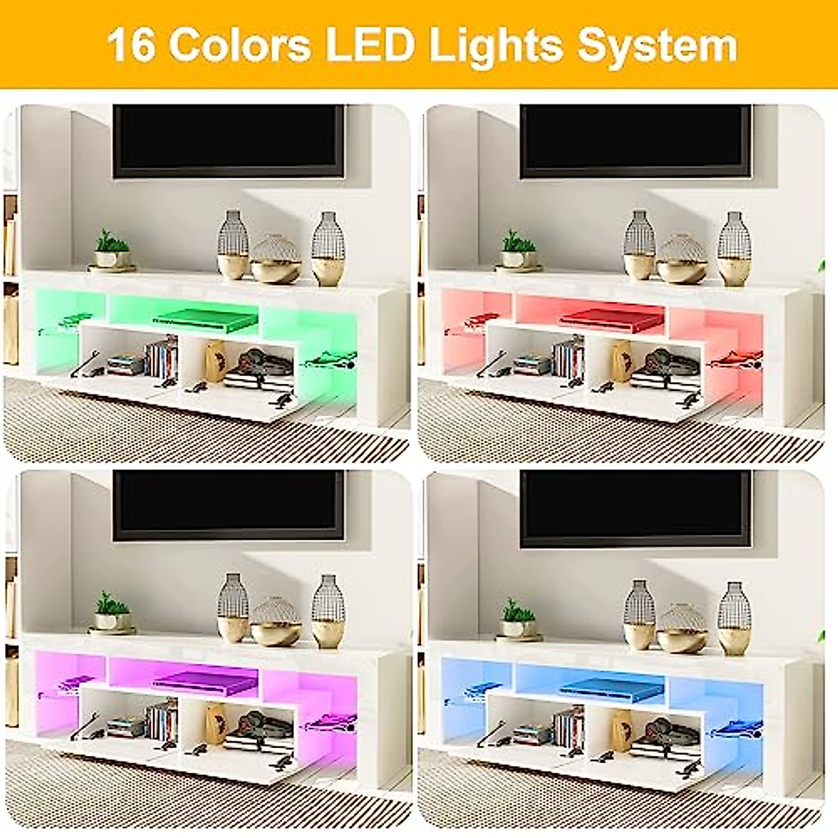 DMIDYLL Modern LED TV Stand for 50 55 65 70 75 inch TV with LED Lights and Storage Drawers, LED Entertainment Center for Living Room, Bedroom, High Gloss White TV Stand Furniture, Television Stands