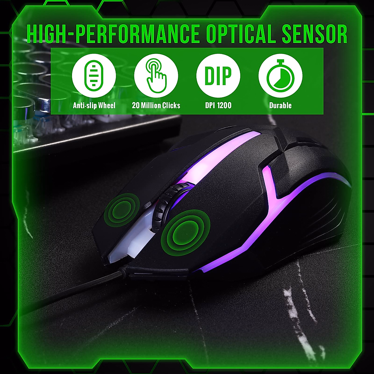 Sratte 30 Pack Black USB Wired Mouse Bulk 1200 DPI RGB Optical Computer Mouse 3 Button 7 Color LED Backlit Wired Ergonomic USB for Gaming Office Desktop Laptop Gamer Computer