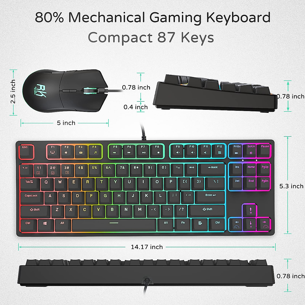 RK ROYAL KLUDGE RK987 Gaming Keyboard and Mouse, Wired Mechanical Keyboard 87 Keys and RGB Gaming Mice Combo, Programmable Computer Desktop Gaming Accessories, Brown Switches-Black Set