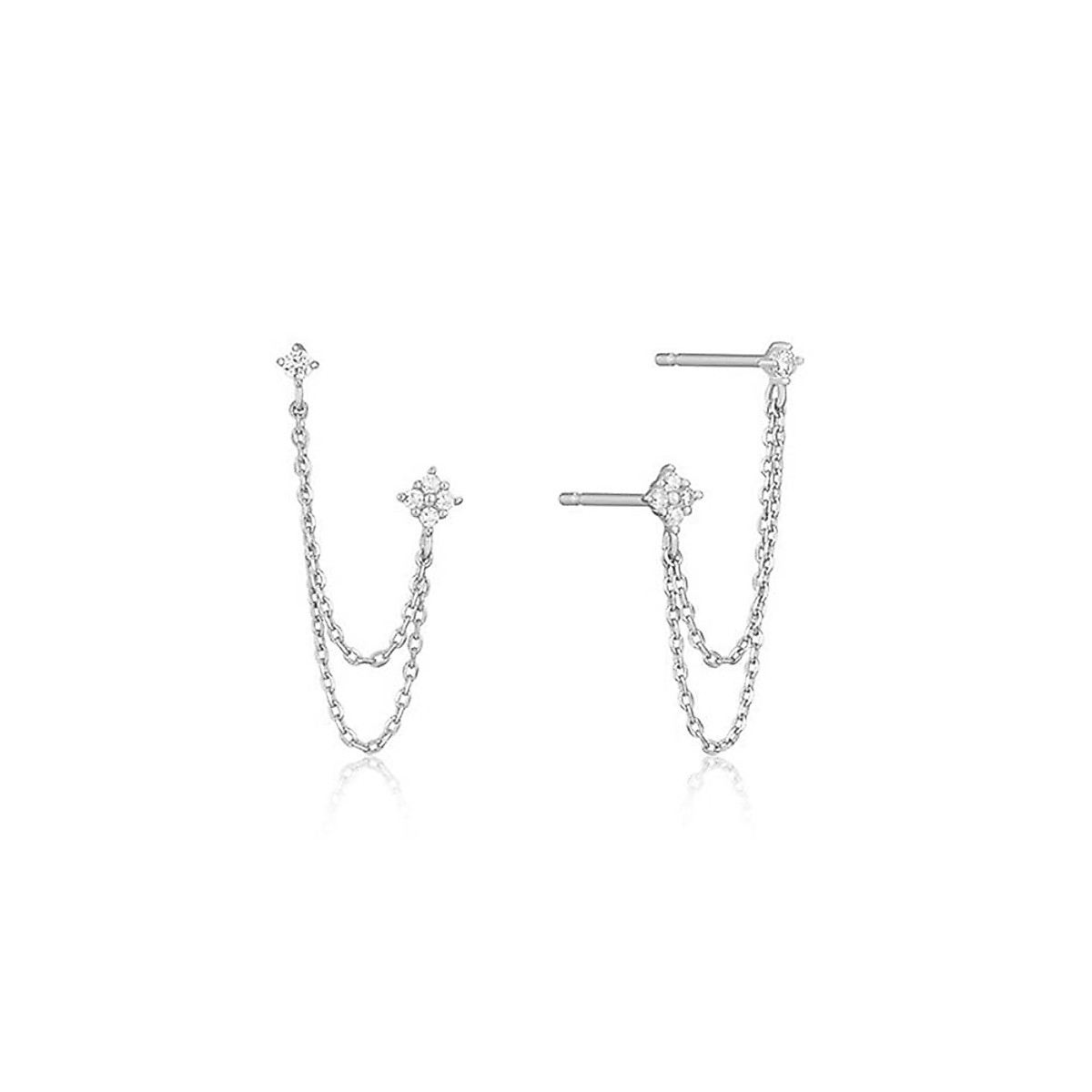 Round CZ Flower Double Piercing Studs With Chain Cuff 925 Sterling Silver Earrings for Women Teen Girls Cartilage Two Holes Tassel Threader Dangle Drop Hypoallergenic Climber Crawler Cute Dainty