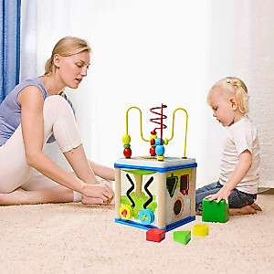 DalosDream Wooden Activity Cube with Bead Maze - 6 in 1 Multipurpose Educational Wood Shape Color Sorter Toy for Toddlers, Activity Center for Kids (6 in 1)