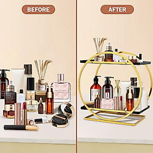 Hugnew Perfume Organizer for Dresser, 2 Tier Makeup Organizer for Vanity, Bathroom Counter Organizer, Cosmetic Display Storage Gifts for Women (Black Gold)