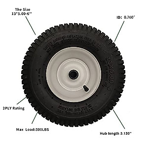 2 Pack 13x5.00-6 Lawn Tractor Pneumatic wheel,Wheelbarrow tire Turf Tread,3.13" hub length with steel rim,Flange ID 0.76''