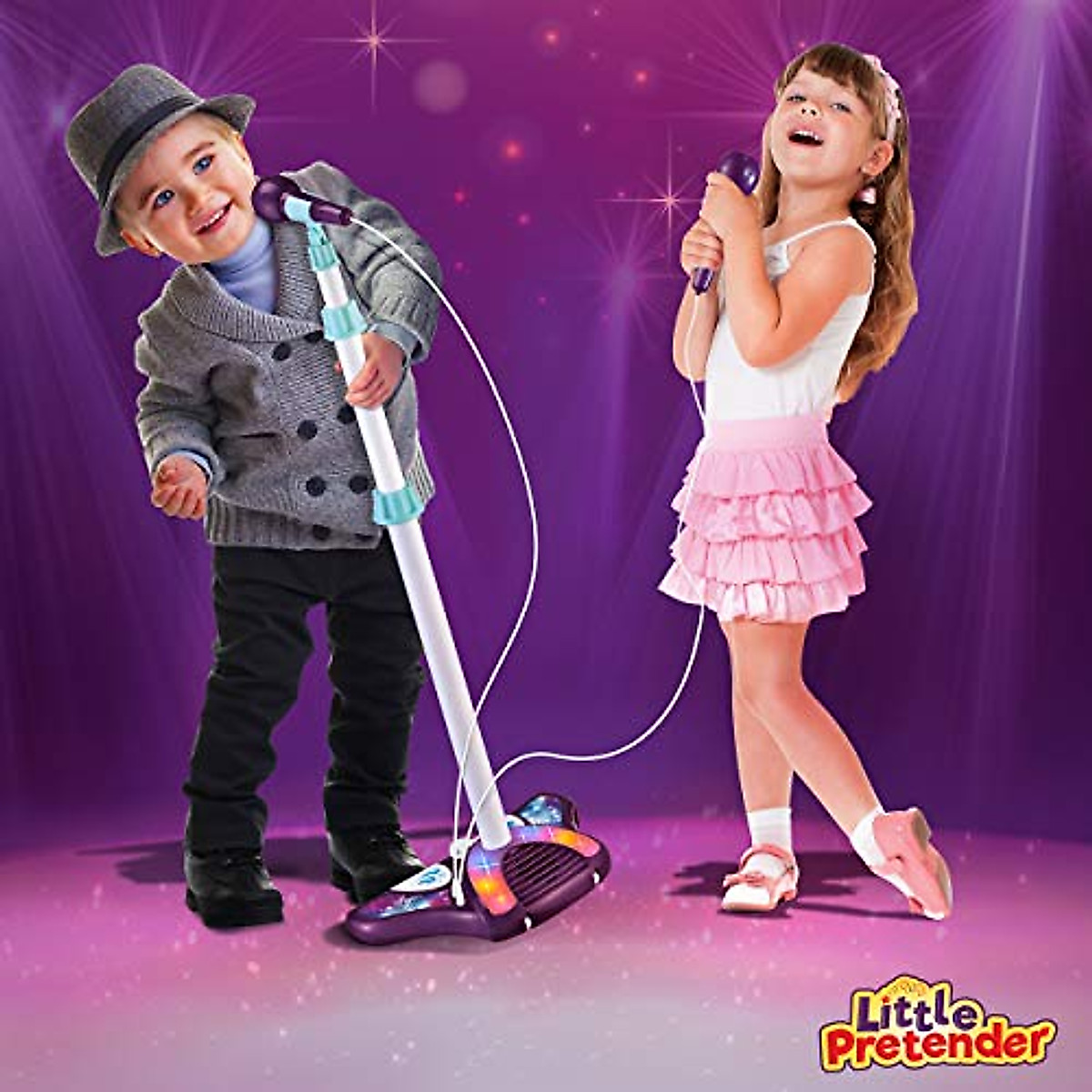 Little Pretender Kids Karaoke Machine with 2 Microphones & Adjustable Stand, Music Sing Along with Flashing Stage Lights and Pedals for Fun Musical Effects