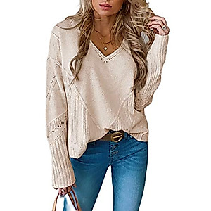 Niceyi Women's Casual Knitwear Pullover Sweater Soild Color V-Neck Loose Long Sleeve Knit Jumper Tops (Beige,Medium,Medium)