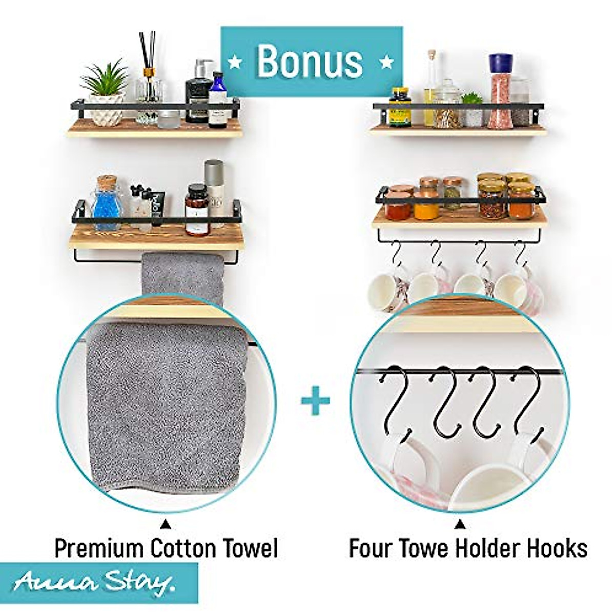 TRIVETRUNNER -ANNA STAY Floating Shelves Wall Mounted for Bathroom and Storage Shelves for Kitchen Set of 2, with Towel Bar, Cotton Towel Included (Light Brown)