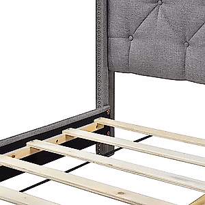 HAUSHECK Queen Size Platform Bed Frame, Upholstered Bed Frames with Button Tufted Headboard, Modern Bedframe for Kids, Teen & Adults, Wooden Slats Support, No Box Spring Needed
