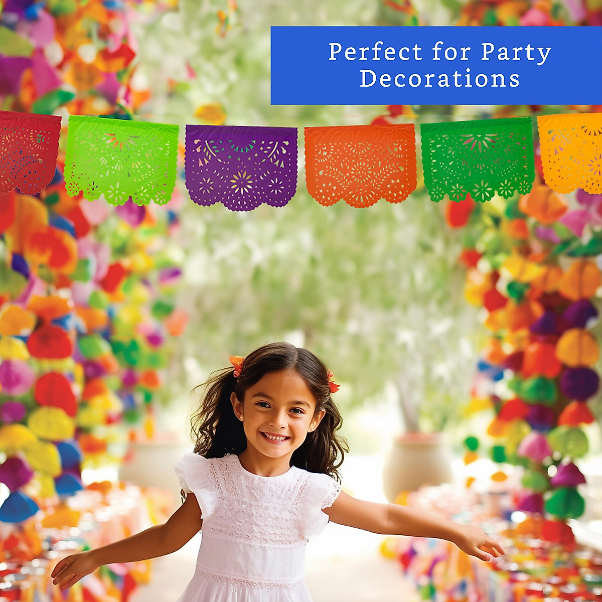 Mexican Party Banners (5 Pack - 10 Tissue Paper Flags per Banner/NOT Plastic) - Papel Picado Banner - Mexican Themed Party Decorations - Papel Picado Mexicano para Fiesta - Fiesta Party Decorations