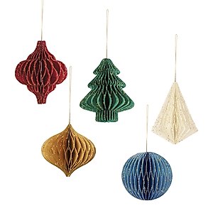 NICROHOME Christmas Party Decorations, 5 PCS Mini Glitter Edge Paper Honeycomb Ornament, White Yellow Blue Red, and Green Hanging Paper Ornament for Vintage Christmas Tree Decorations