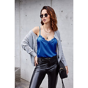 Ekouaer Women's 2 PCS Silk Satin Tank Top Lace Cami Spaghetti Strap Top V Neck Camisoles Black & Royal Blue S