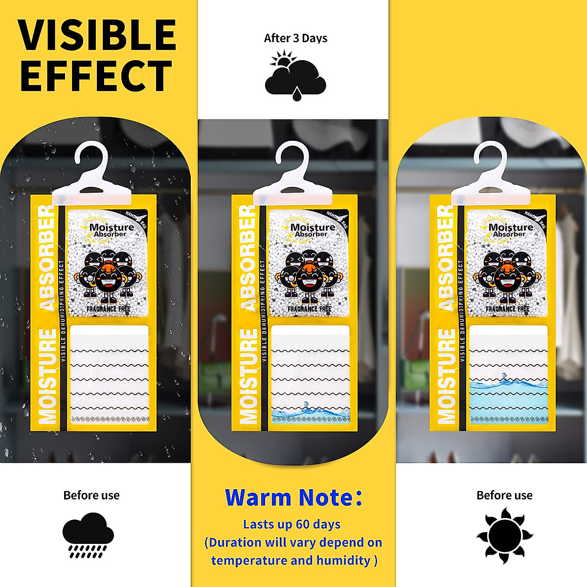 ZSZMFH 15 Pack Moisture Absorber & Max Odor Eliminator Hanging Bag, Charcoal Smell Remove Damp Musty Smell,Hanging Closet Dehumidifier Bags with 25g of Activated Charcoal (220g/pack) Yellow