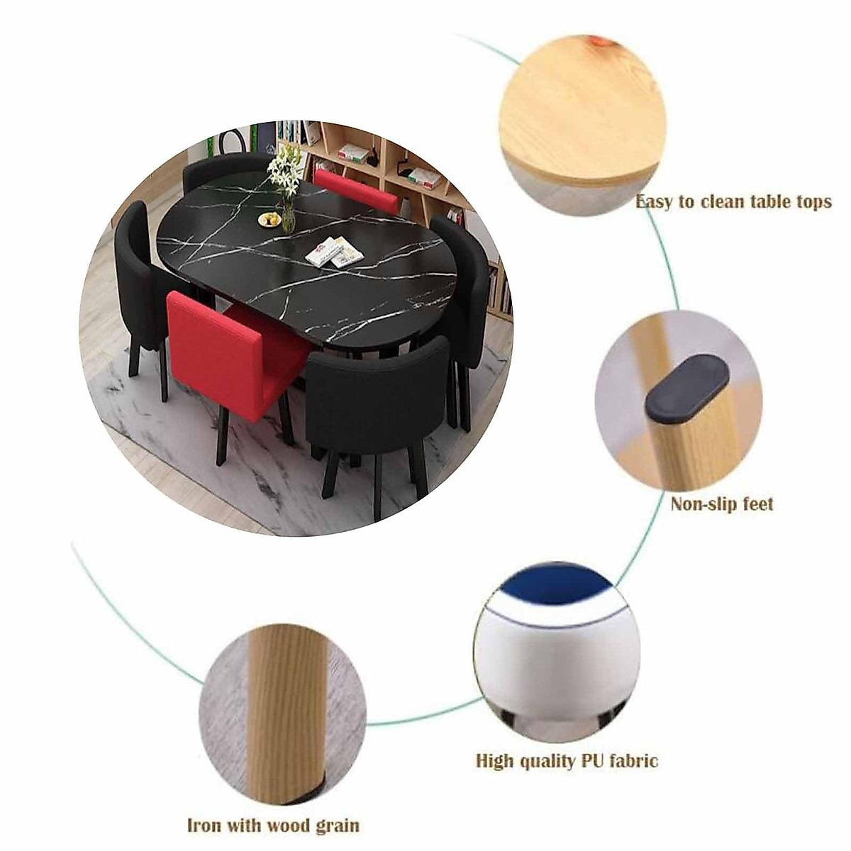 Topjia Rectangle/Oval Dining Table Set for 6 Chairs,Modern Dining Table & Coffee Table and 1Table and 6 Chairs Chair Set,for Kitchen Lounge Living Room,7-Piece Meeting Room Table, Black and White