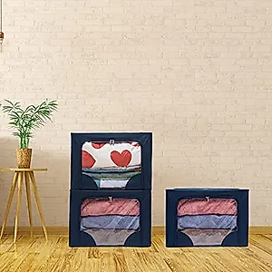 Tasmegol 2 Pack 72L Stackable Steel Metal Frame Clothes Storage Bins Foldable Zipper Cloth Box Oxford Fabric Clothing Bags Large Clear Window Closet Containers Organizer for Bedding Sweater