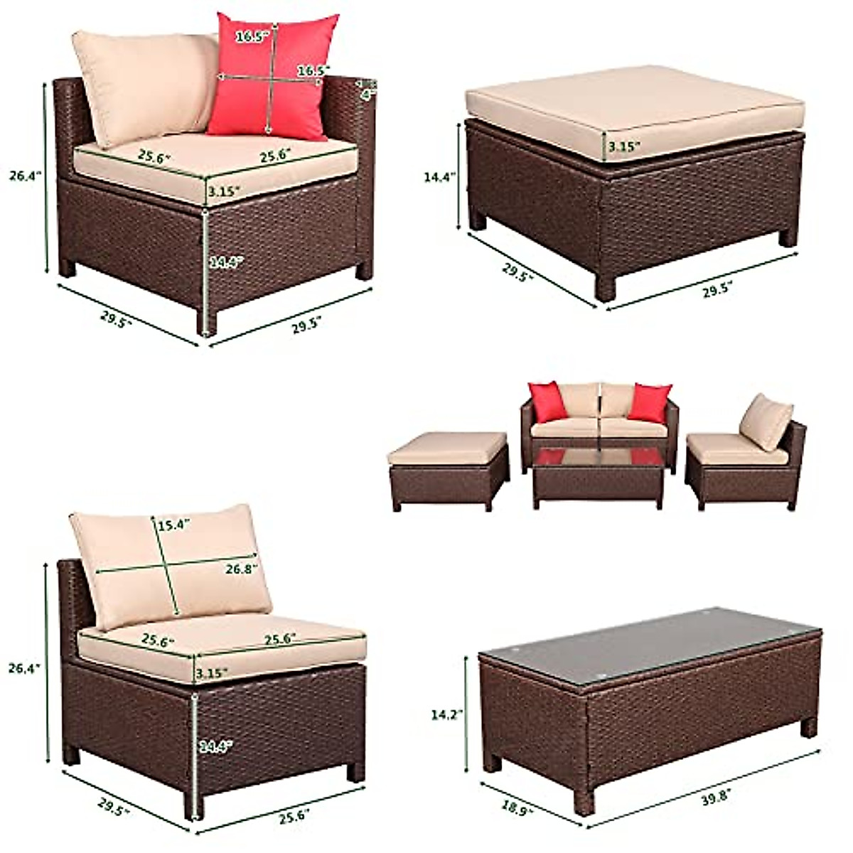 L-DREAM Garden Furniture Sofa Set 5-Piece - PE Brown Wicker Rattan Sofa - with Tempered Glass Coffee Table and Washable Couch Cushions - for Patio Balcony Conversation Sofa (Color : Brown)