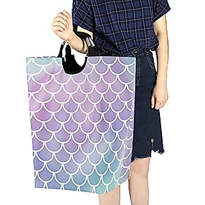 Blueangle Large Violet And Blue Mermaid Scales Laundry Basket Collapsible Oxford Fabric Laundry Hamper Foldable Clothes Laundry Bag with Handles