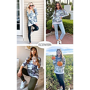 ECOWISH Women Side Split Sweatshirt: Fall Crewneck Long Sleeve Oversized Camo Shirts Casual Camouflage Print Pullover Tops 017 Gray Green M