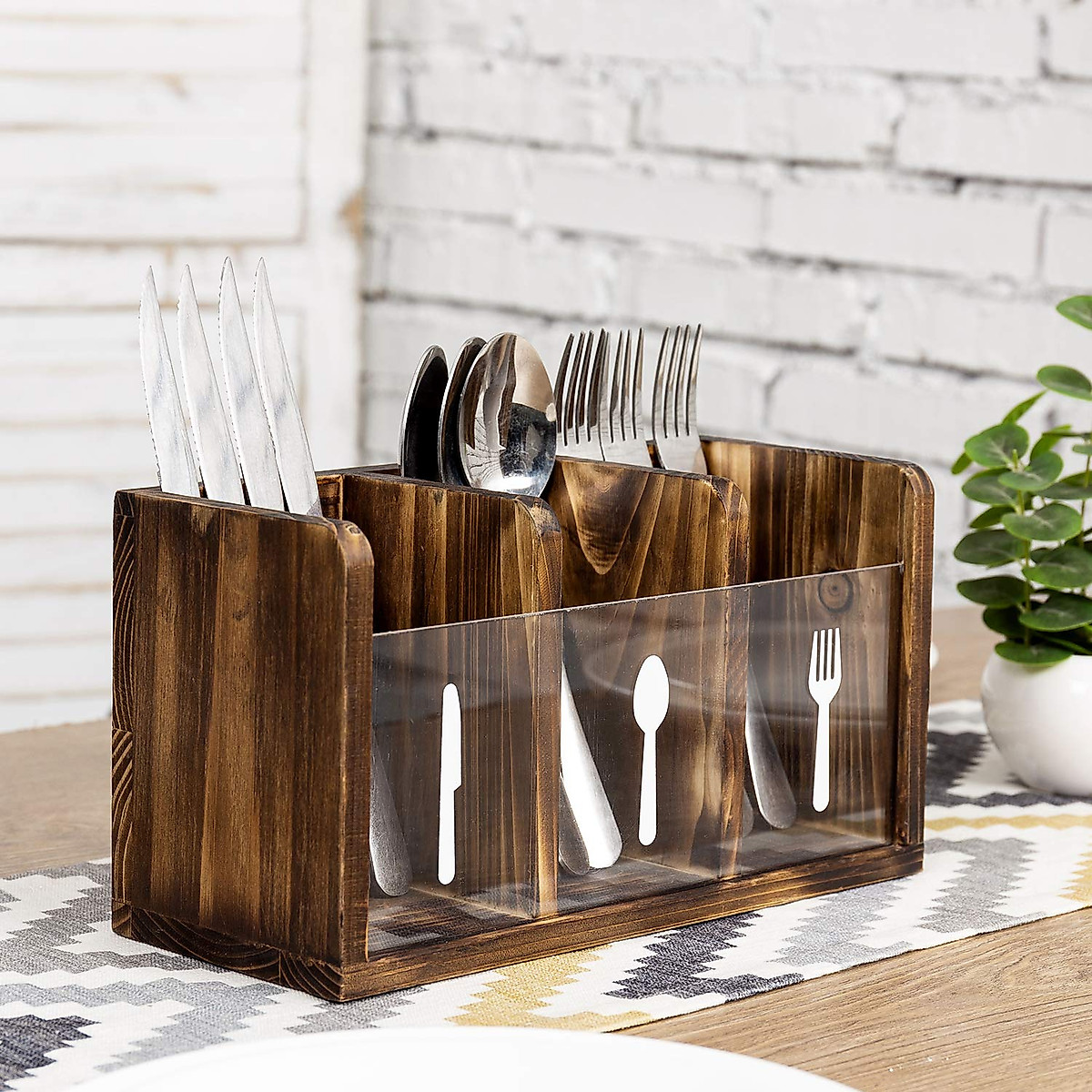MyGift Torched Wood Flatware Caddy with Clear Acrylic Front Panel, Dining Utensils Holder, Cutlery Storage Organizer Bin with Fork, Spoon and Knife Labels