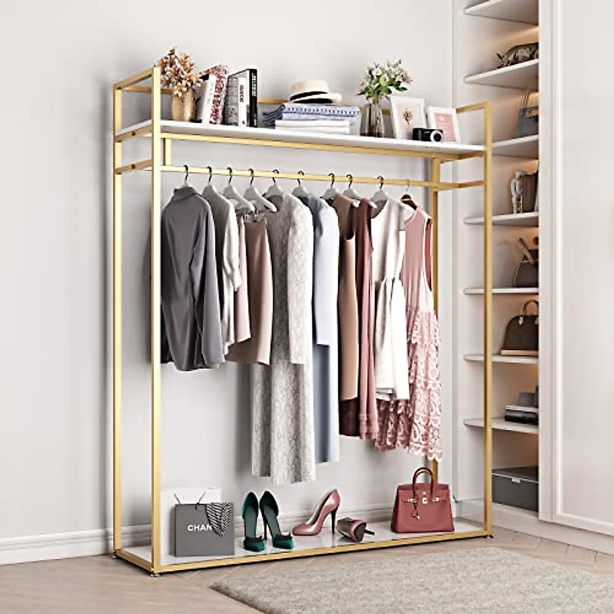 FONECHIN Heavy Duty Clothing Rack with Shelves for Hanging Clothing, Gold Metal Freestanding Garment Rack for Retail Display (59" L)