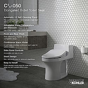 KOHLER 18751-0 PureWash E525 Elongated Warm Water Bidet Toilet Seat, Electric Bidets for Existing Toilets, Adjustable Bidet Sprayer, White