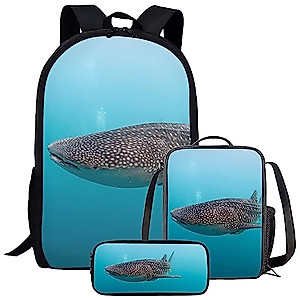 Parprinty Kids Novelty Animal Backpack and Lunch Box for Boys Girls Student Lightweight 17 Inch School Whale Shark Backpack with Lunch Bag Pencil Case Kids Comfy Padded Black Large Bookbag