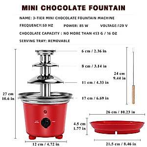 16-Ounce Chocolate Fondue Fountain, 3-Tier MINI Chocolate Fountain, Electric Melting Machine with 6PCS Fondue Fork and Removal Fruits/Nuts/Treats Serving Tray for BBQ Sauce,Ranch,Nacho Cheese,Liqueurs