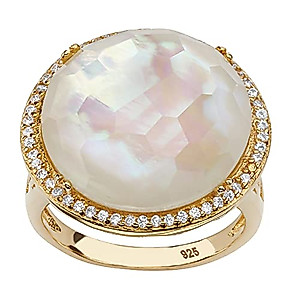 PalmBeach Yellow Gold-Plated Sterling Silver Round Genuine Mother of Pearl or Checkerboard-Cut Green Glass and Round Cubic Zirconia Pave Ring Size 8