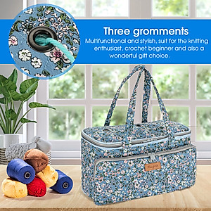 Hanfetch Yarn Bag-Large Size-Yarn Storage Organizer with Grommets-Portable Crochet Bag for Yarn Skeins-Crochet Hooks-Knitting Needles -Other Accessories (Flower-Blue)