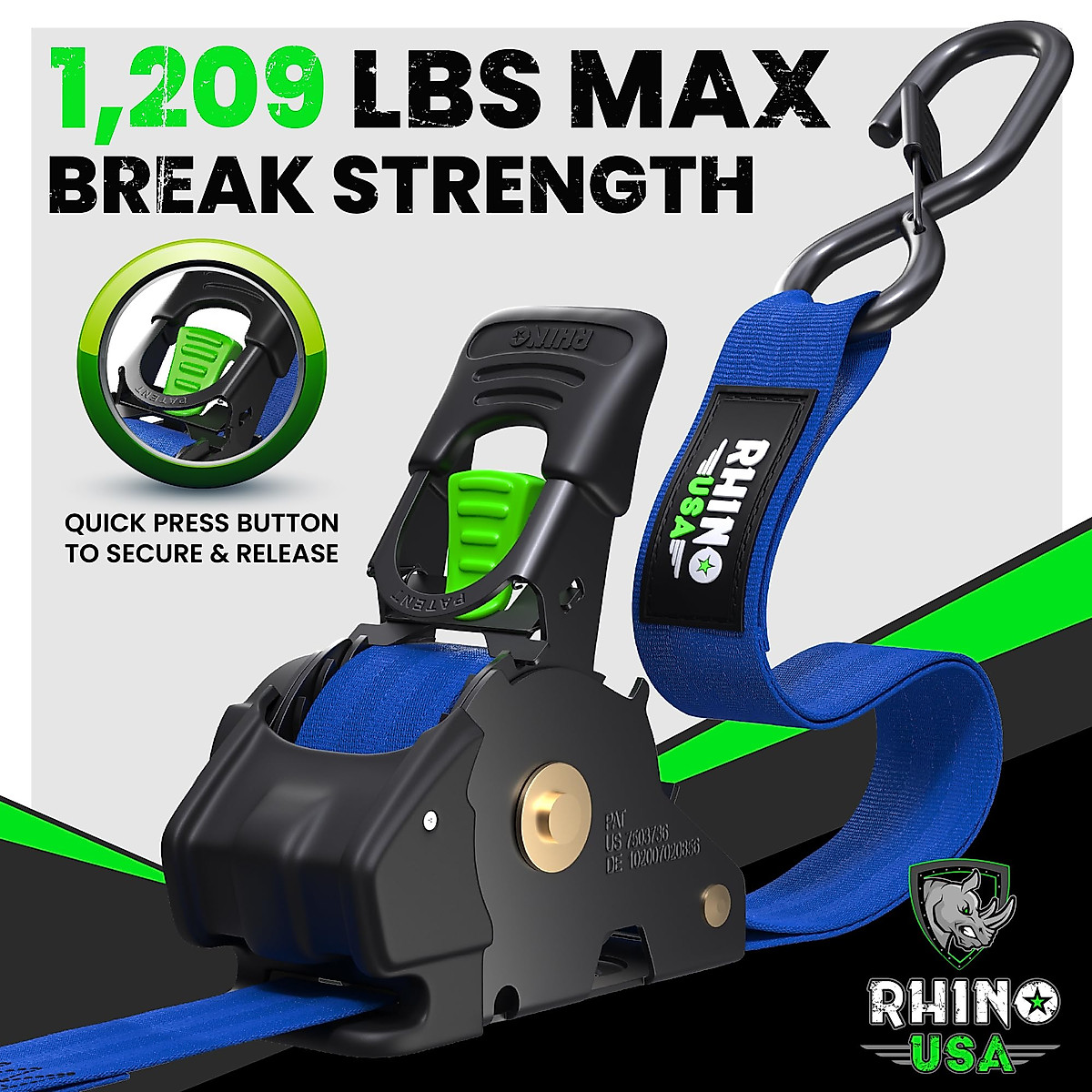 Rhino USA Retractable Ratchet Tie Down Straps (4PK) - 1,209lb Max Break Strength, includes (4) Ultimate 1" x 10' Autoretract Tie Downs with Padded Handles. Use for Boat, Securing Cargo